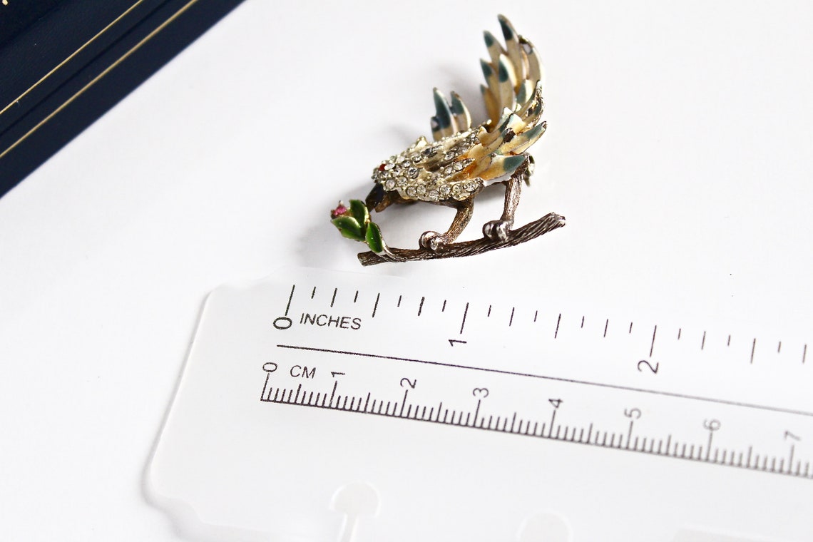 Signed KRAMER BIRD Small Brooch Pin Rhinestone Enameled Yellow Green ...