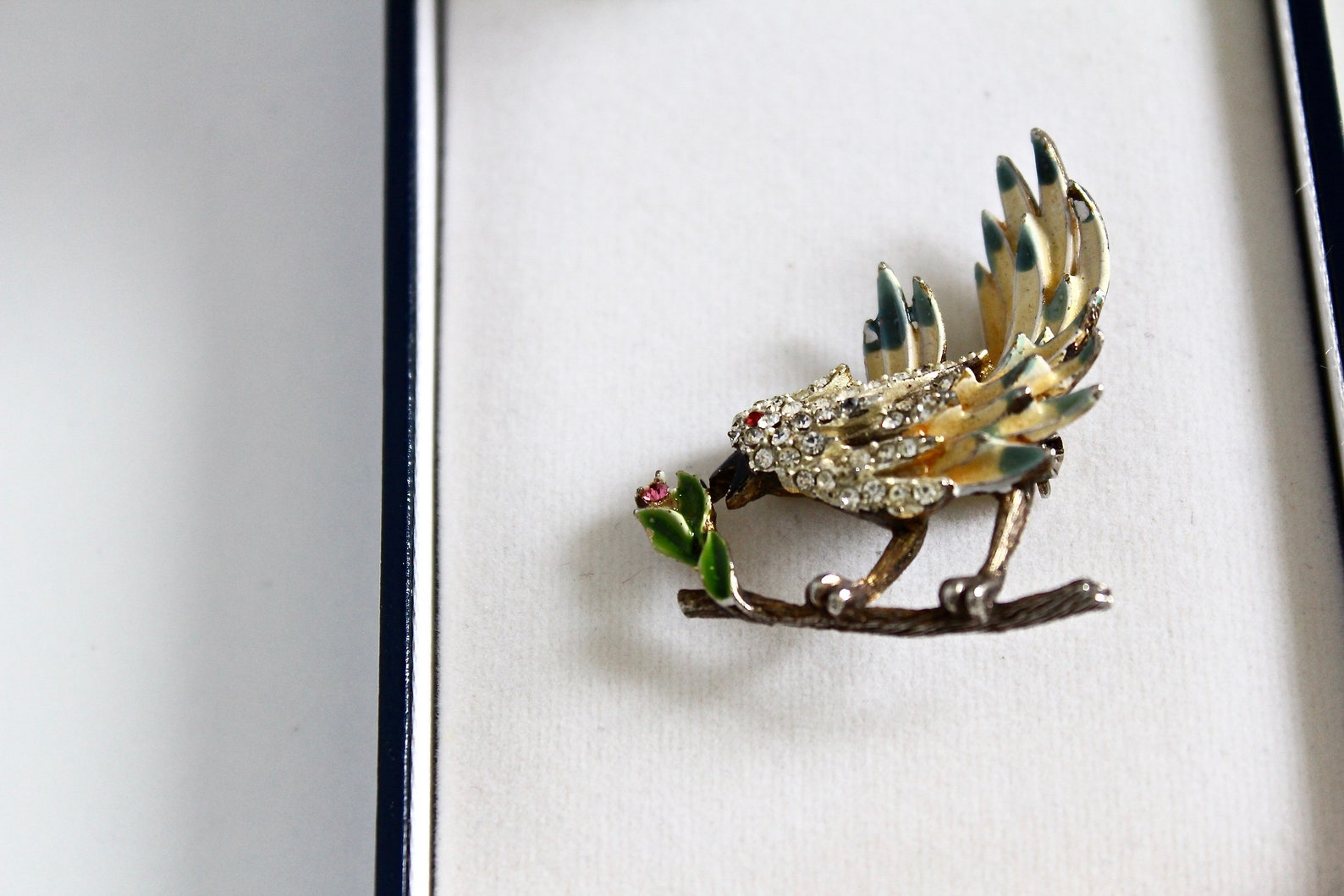 Signed KRAMER BIRD Small Brooch Pin Rhinestone Enameled Yellow Green ...