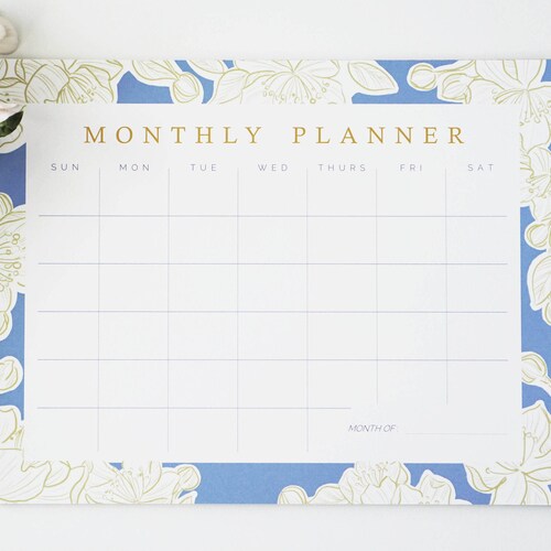 Blue Floral Monthly Calendar Desk Pad Desk Calendar Agenda - Etsy