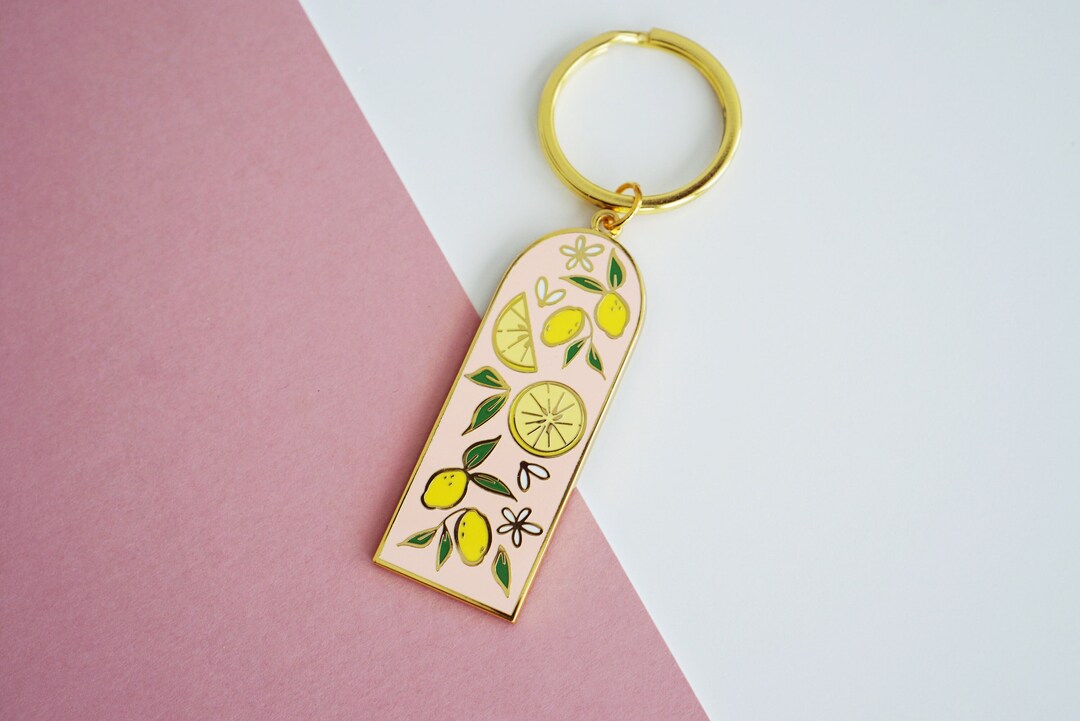 Pink Lemon Pattern Hard Enamel Gold Plated Keychain - Etsy