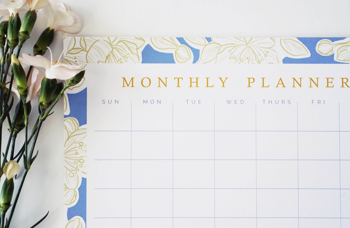 Blue Floral Monthly Calendar Desk Pad Desk Calendar Agenda - Etsy