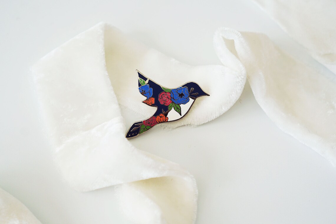 Floral Blue Bird Hard Enamel Pin 1.25 Nickel Plated - Etsy