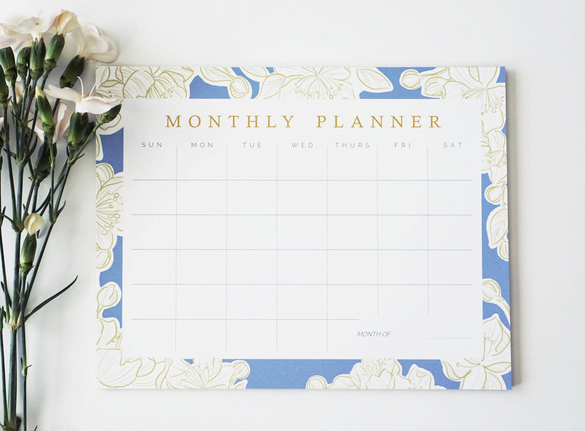 Blue Floral Monthly Calendar Desk Pad Desk Calendar Agenda - Etsy