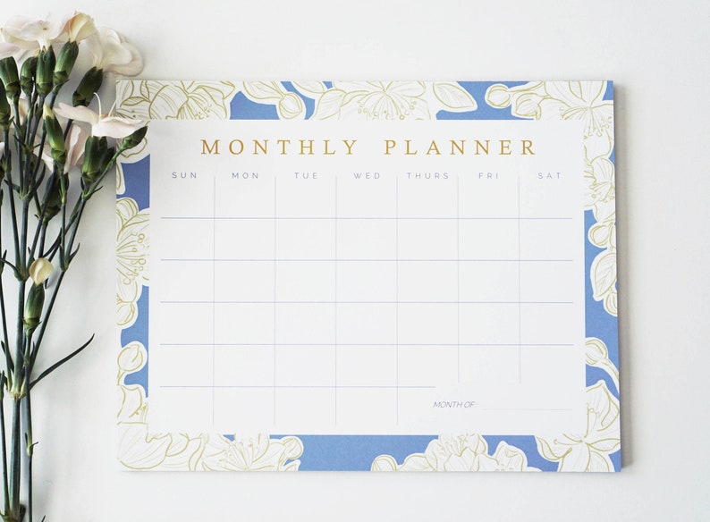 Blue Floral Monthly Calendar, Desk Pad, Desk Calendar, Agenda - Etsy