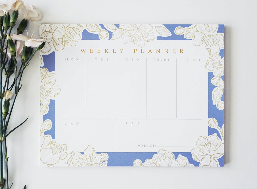 Blue and Gold Floral Weekly Planner, Memo Pad, To-do List Pad, Notepad ...
