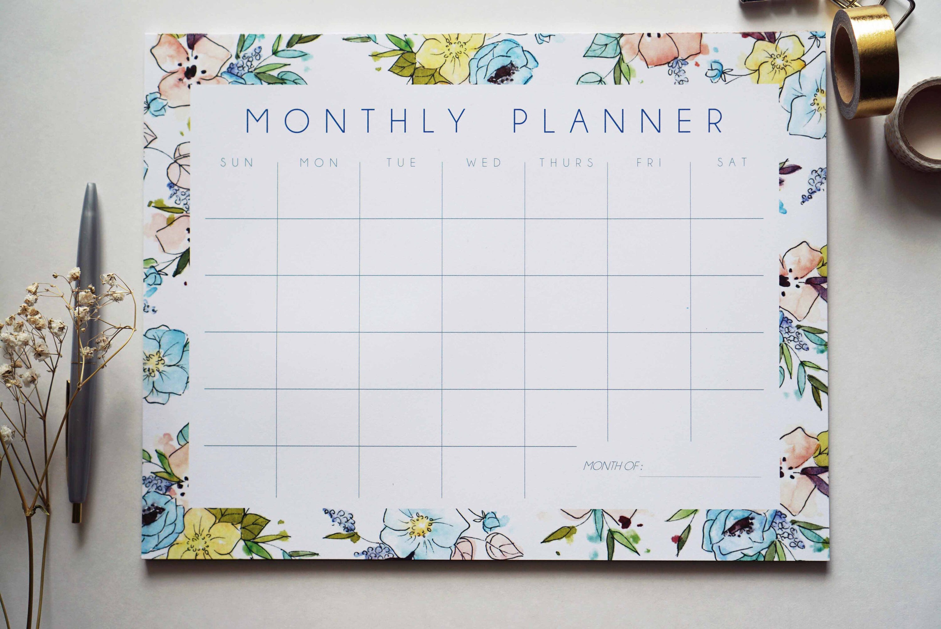 Blue Watercolor Monthly Calendar Desk Pad Desk Calendar - Etsy