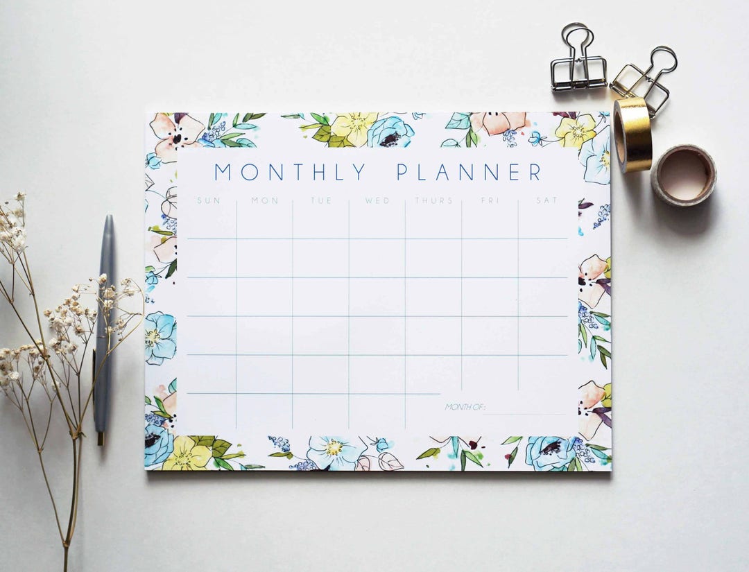 Blue Watercolor Monthly Calendar Desk Pad Desk Calendar - Etsy