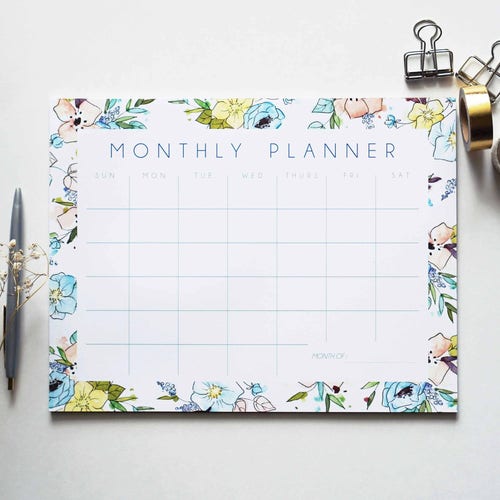 Blue Floral Monthly Calendar Desk Pad Desk Calendar Agenda - Etsy