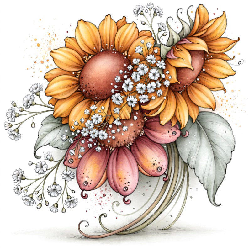 35 JPG Watercolor Sunflower Clipart Bundle, Boho Floral Set, Farmhouse ...