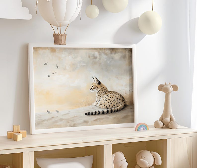 Calm Serval Cat With Birds Printable Art - Soothing Nursery Decor, Kids ...