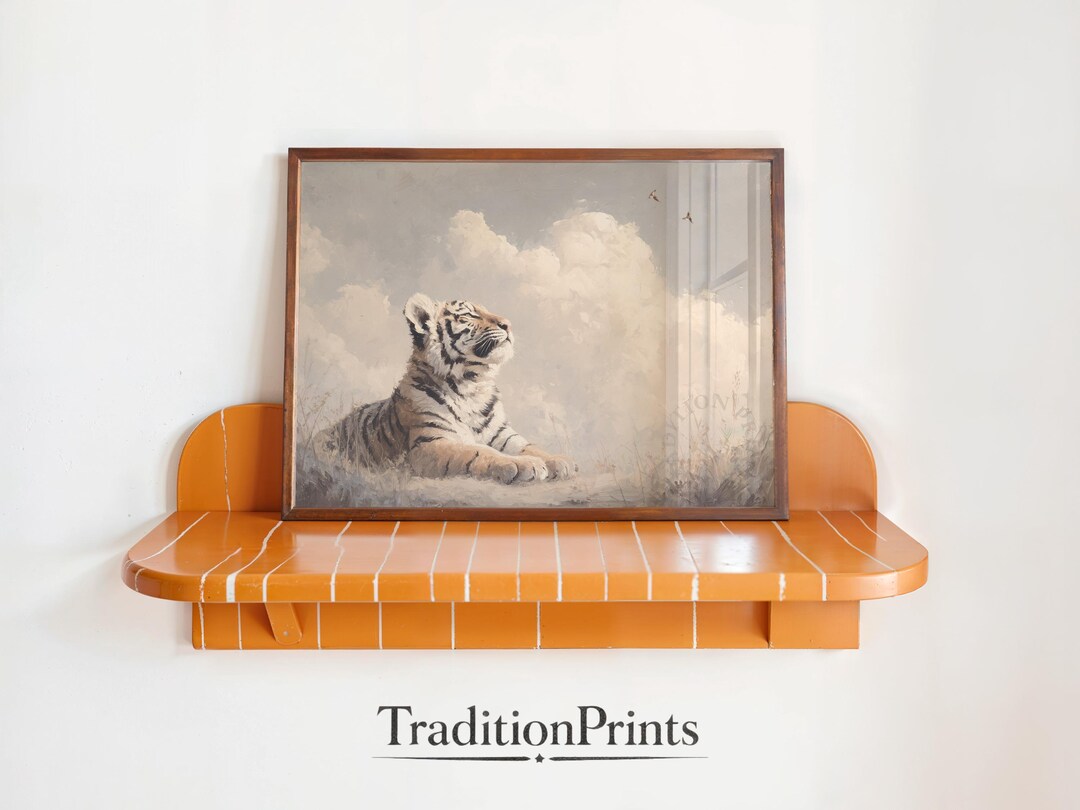 Calm Tiger Cub Nursery Art Print - Soothing Pastel Painting With Fluffy ...