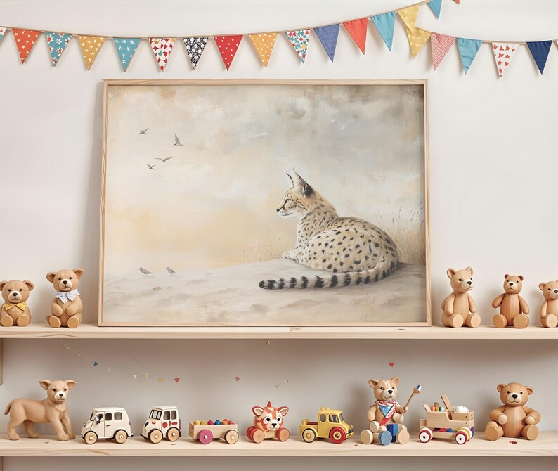 Calm Serval Cat With Birds Printable Art - Soothing Nursery Decor, Kids ...