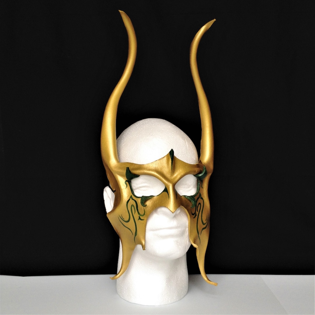 Leather Viking Mask Thor Costume Gold GREEN Loki Horns Viking Cosplay ...