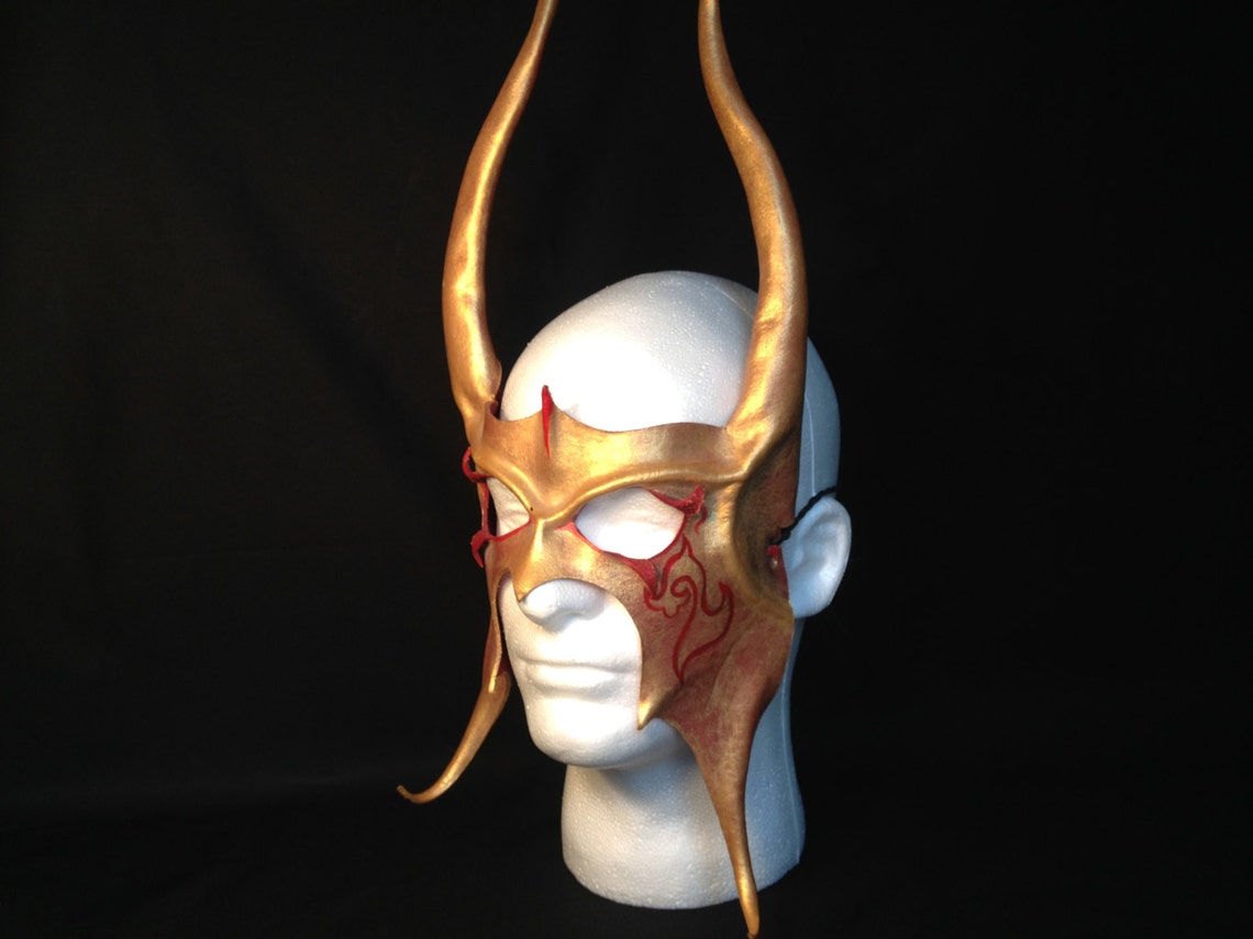 Red Gold Leather Viking Mask Thor Costume Loki Horns Viking Cosplay ...