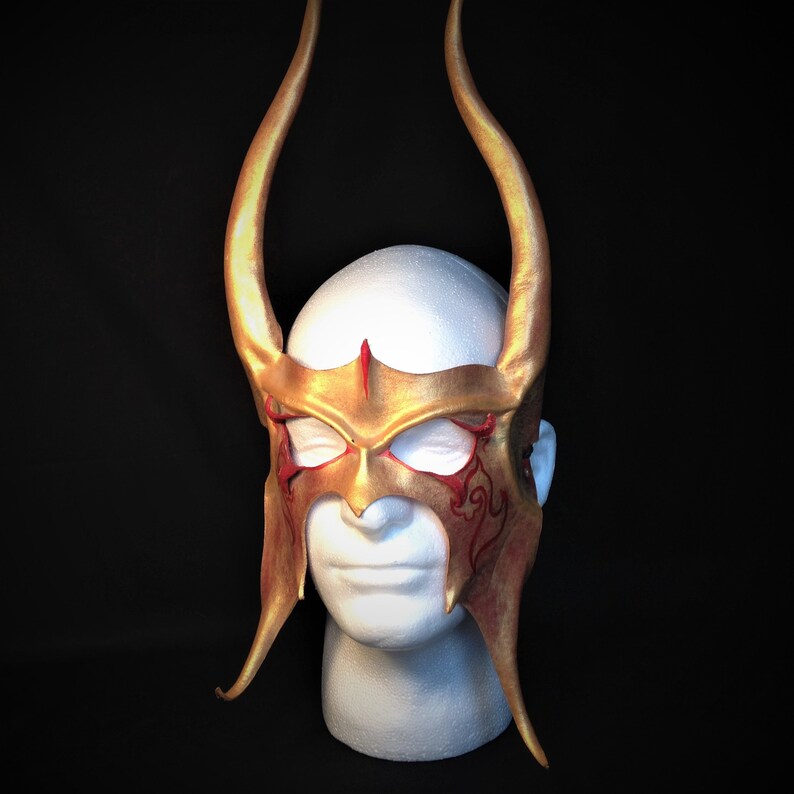Red Gold Leather Viking Mask Thor Costume Loki Horns Viking | Etsy