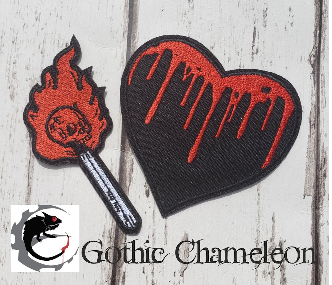 Red & Black Bleeding Heart or Skull Match Embroidered Patch Applique ...