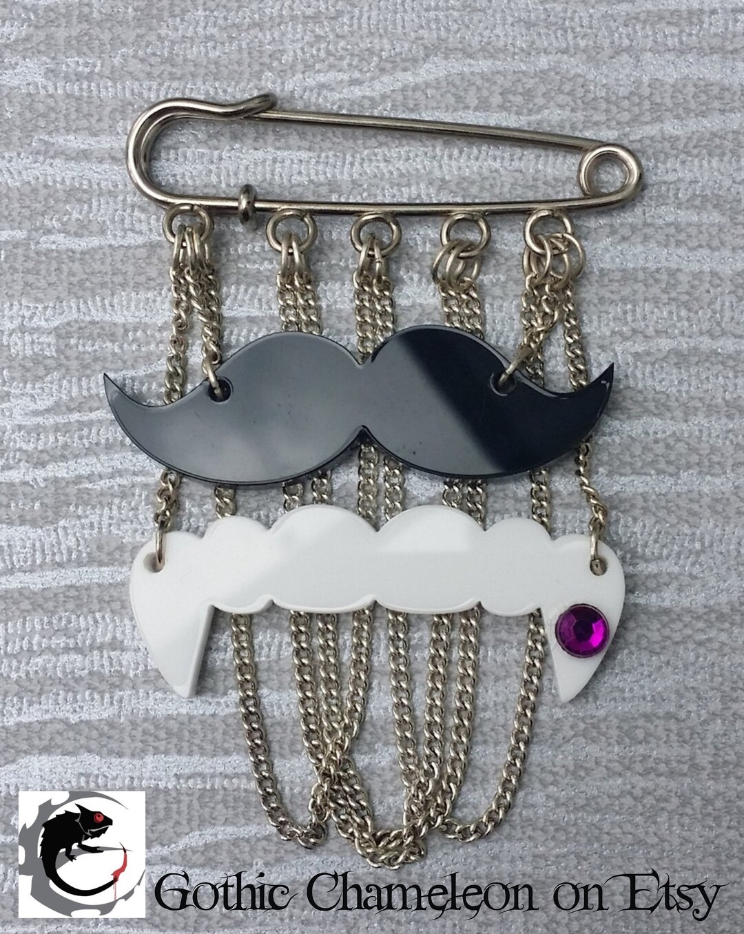 Vampire Teeth & A Black Moustache Acrylic Brooch Pin Badge Silver ...