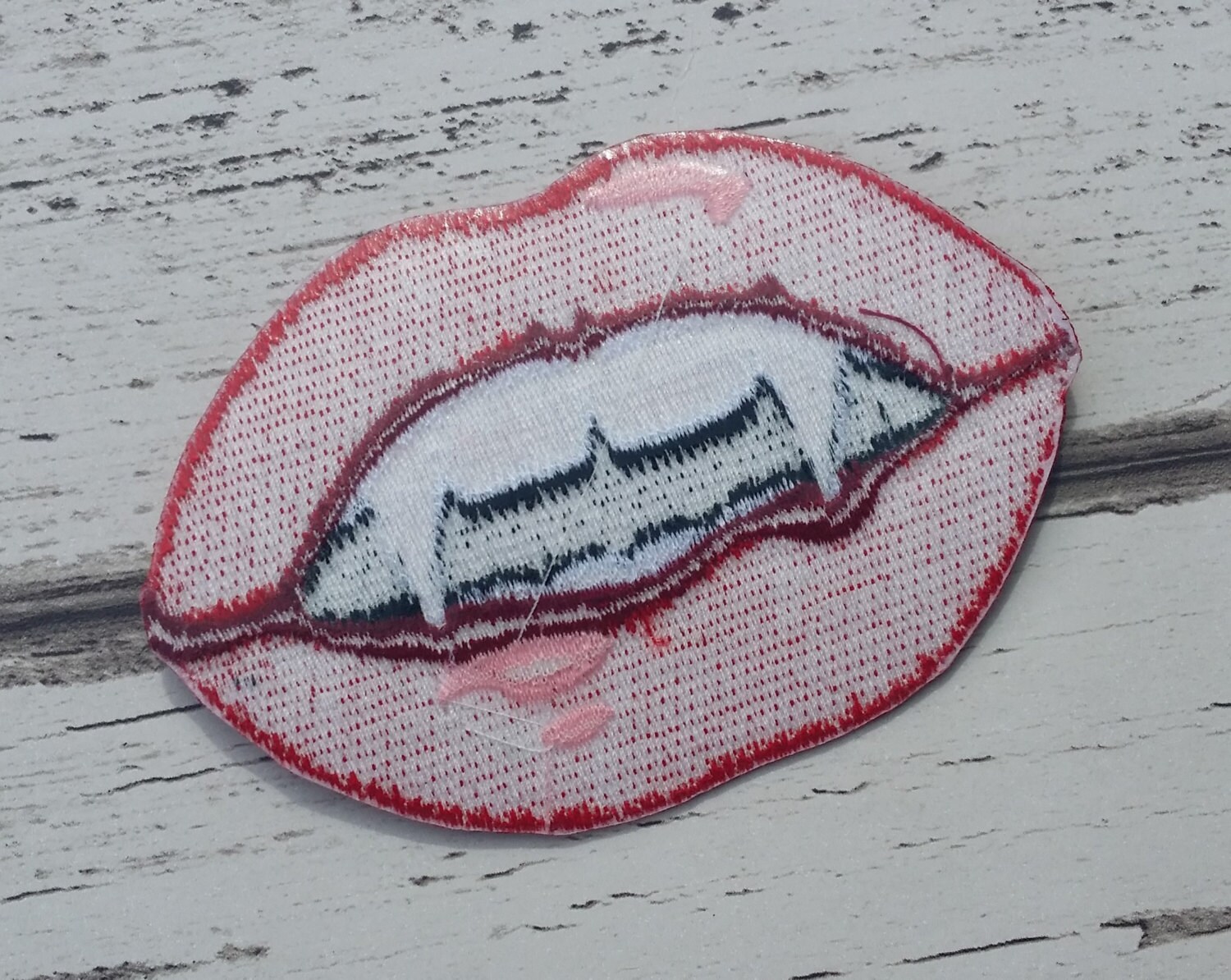 Red Lips & Vampire Teeth Embroidered Patch Applique Very | Etsy