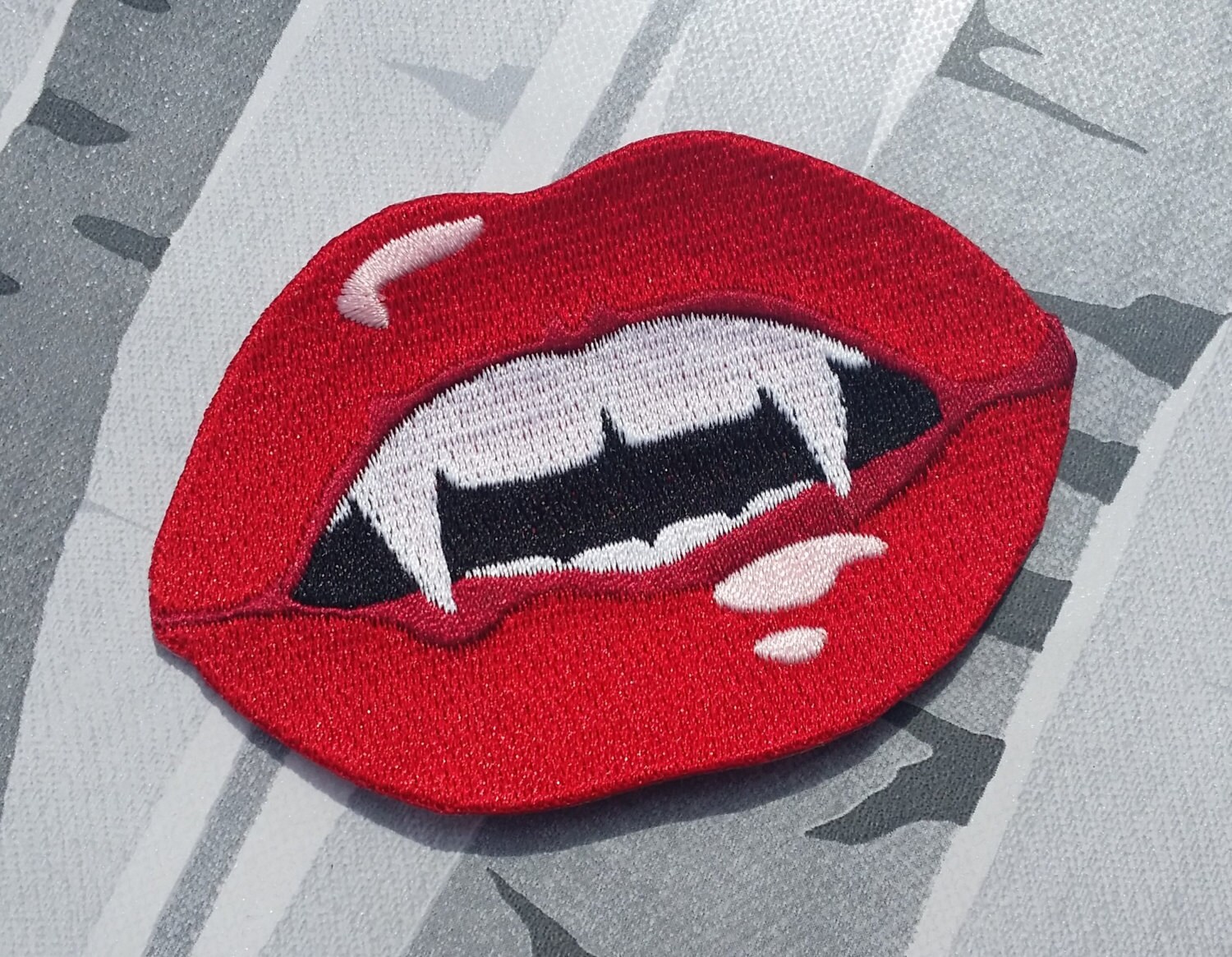 Red Lips & Vampire Teeth Embroidered Patch Applique Very | Etsy