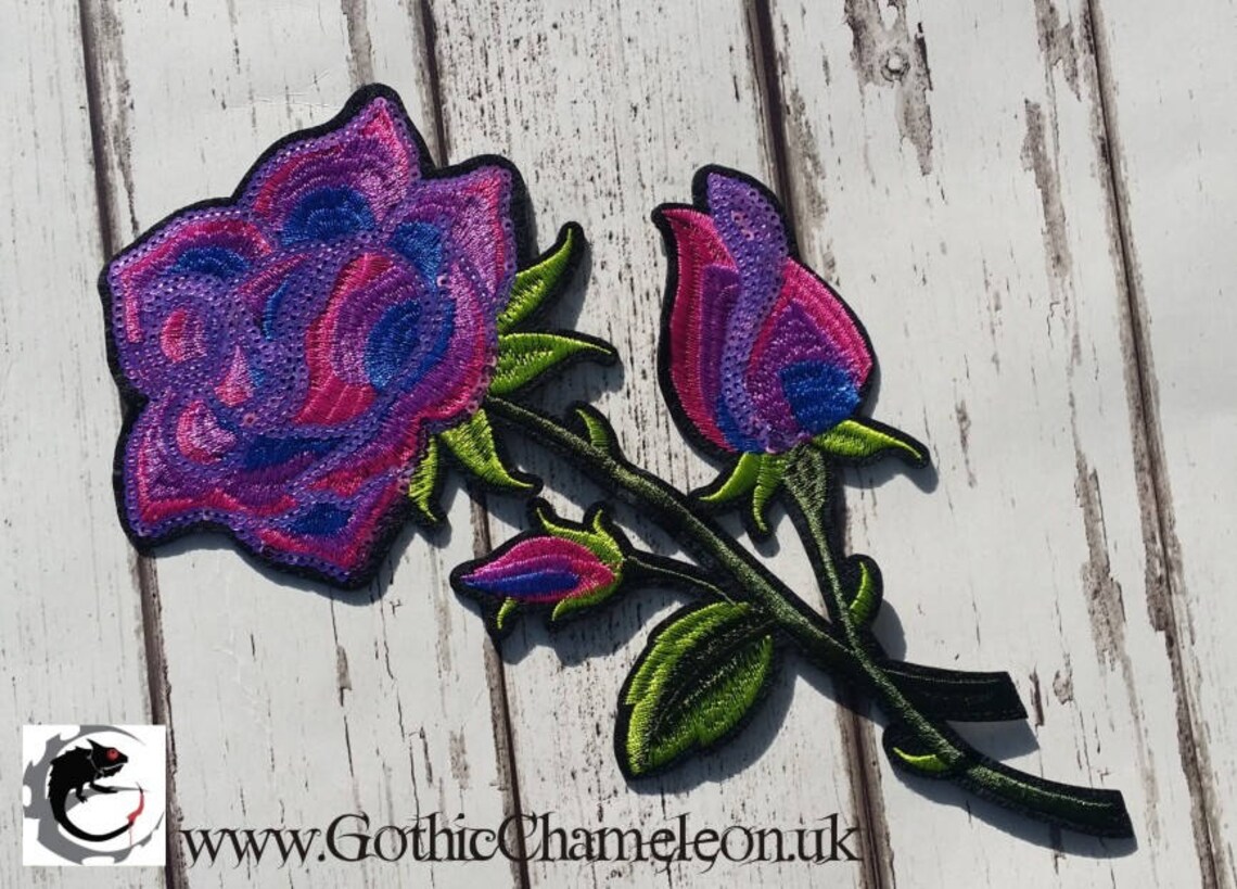 Large Purple Rose Sequin Embroidered Patch Applique Very Gothic Emo ...