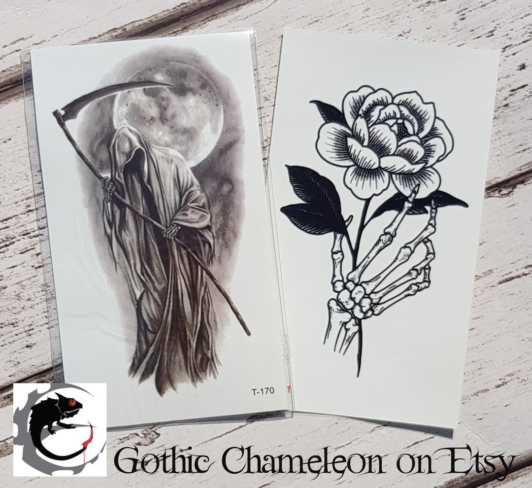 Temporary Tattoo Sheets Grim Reaper Rose Skeleton Hand - Etsy UK