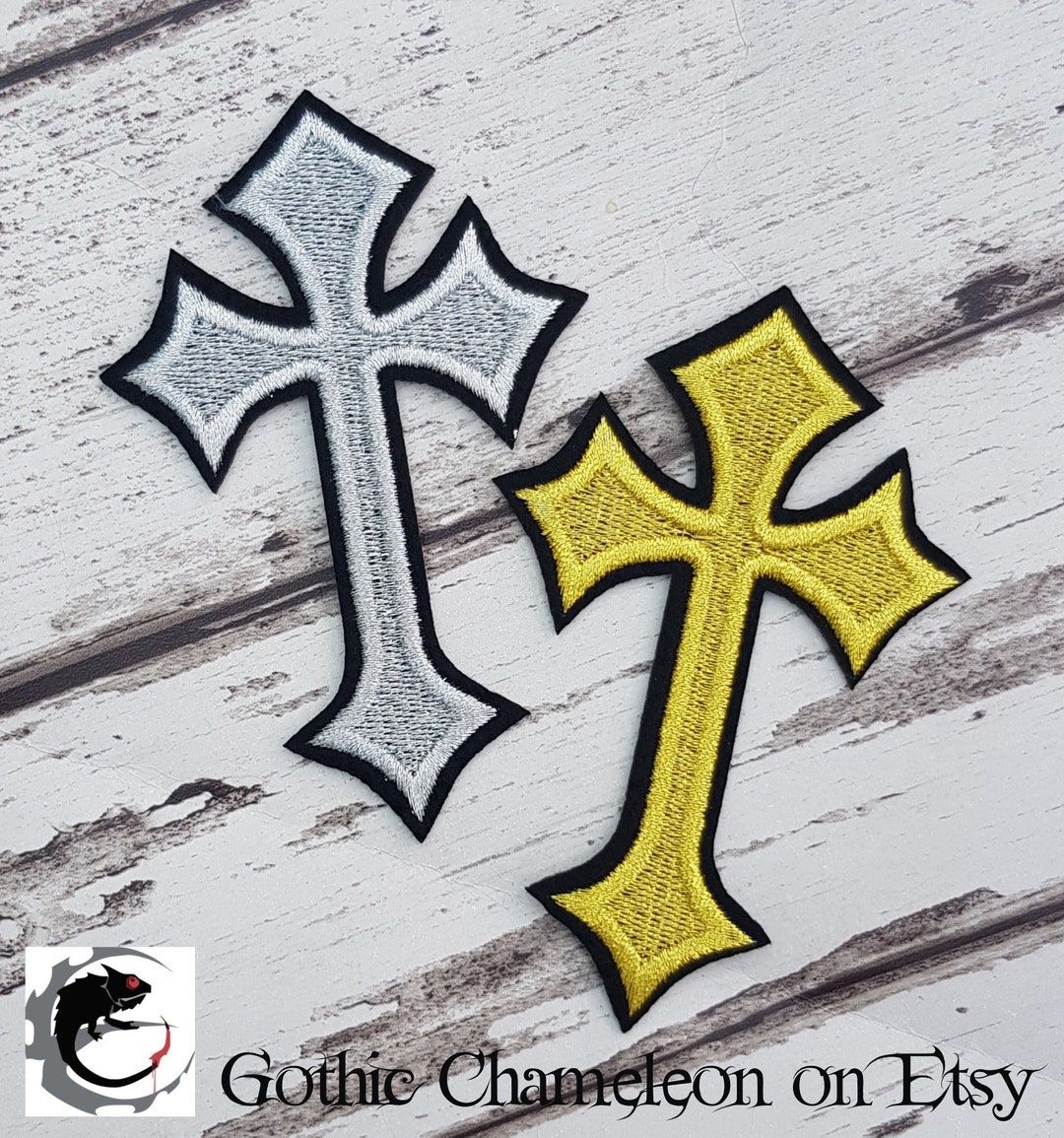 Gold or Silver Crucifix Cross Embroidered Patch Applique Very Gothic ...