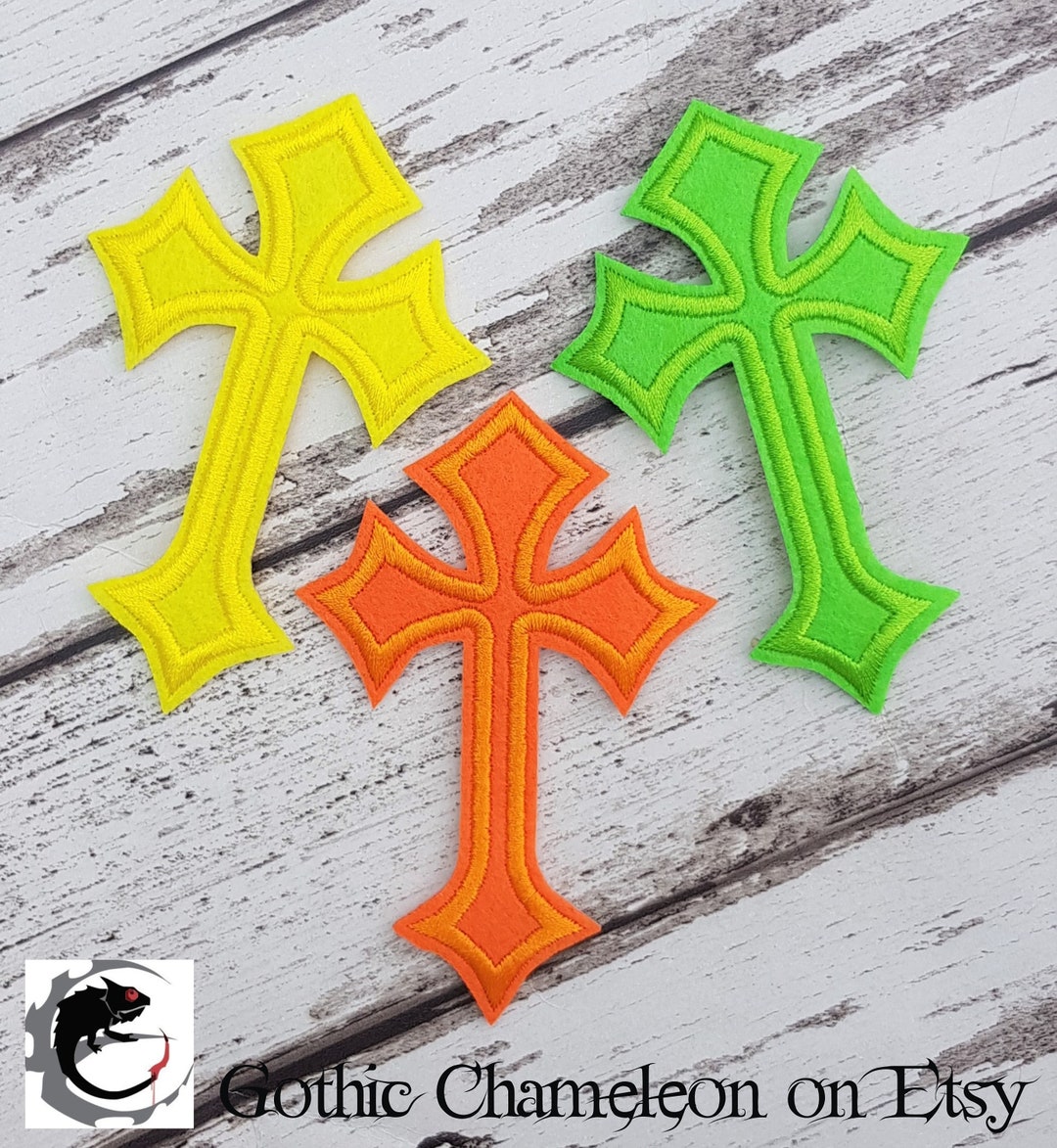Bright Yellow Orange or Green Crucifix Cross Embroidered Patch Applique ...