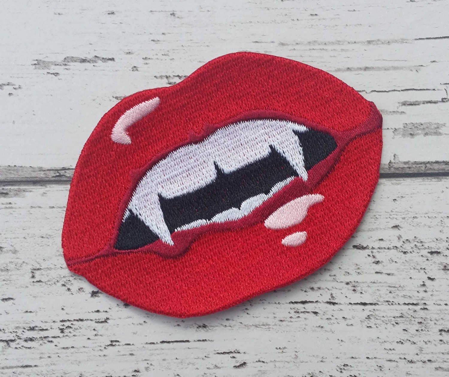 Red Lips & Vampire Teeth Embroidered Patch Applique Very | Etsy
