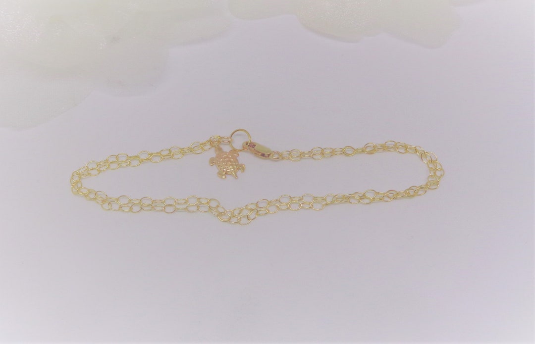 14k Gold Turtle Anklet 14k Gold Chain Anklet Double Chain Ankle ...