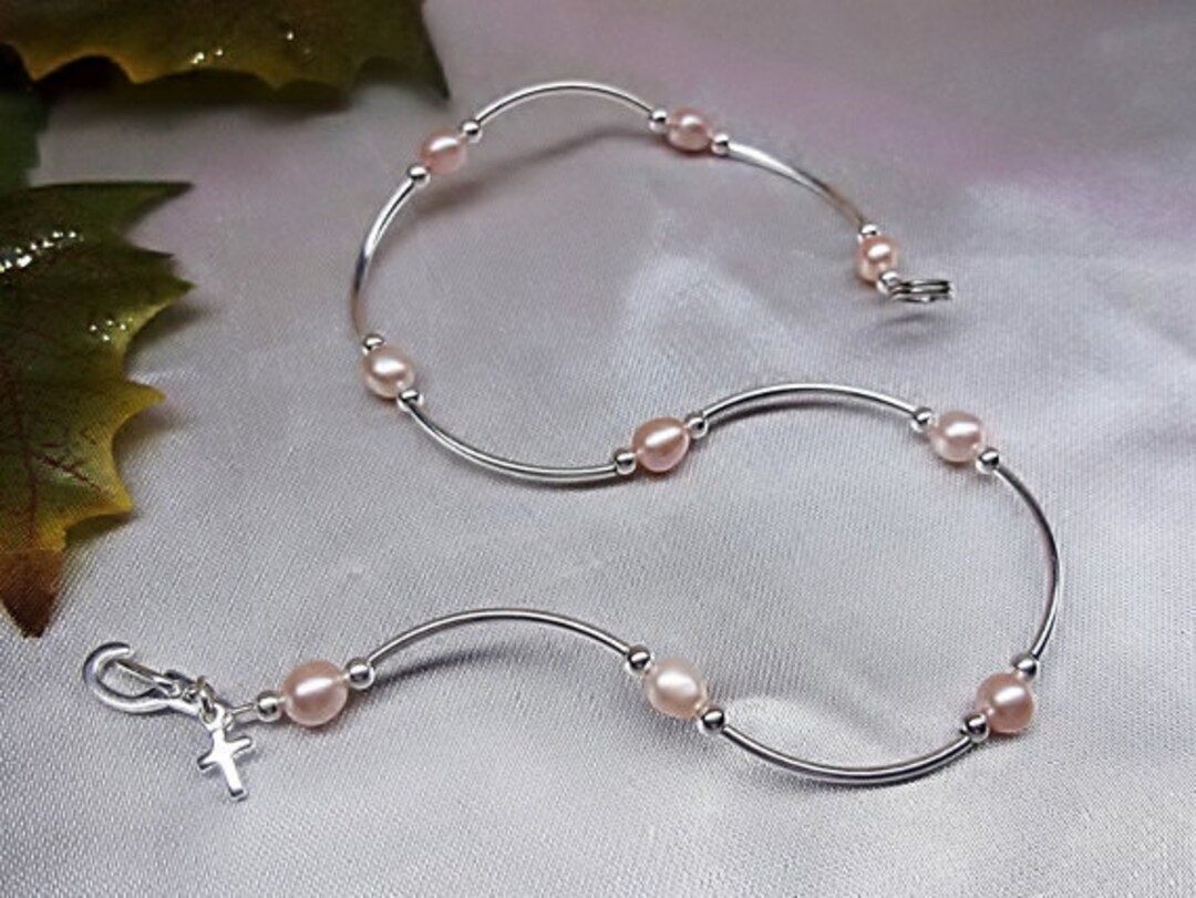 Pink Pearl Anklet Cross Anklet Pink Pearl Ankle Bracelet Sterling ...
