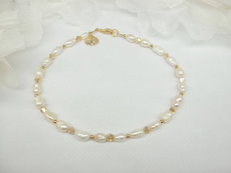 Solid Gold Sand Dollar Anklet White Pearl Anklet White Freshwater Pearl ...