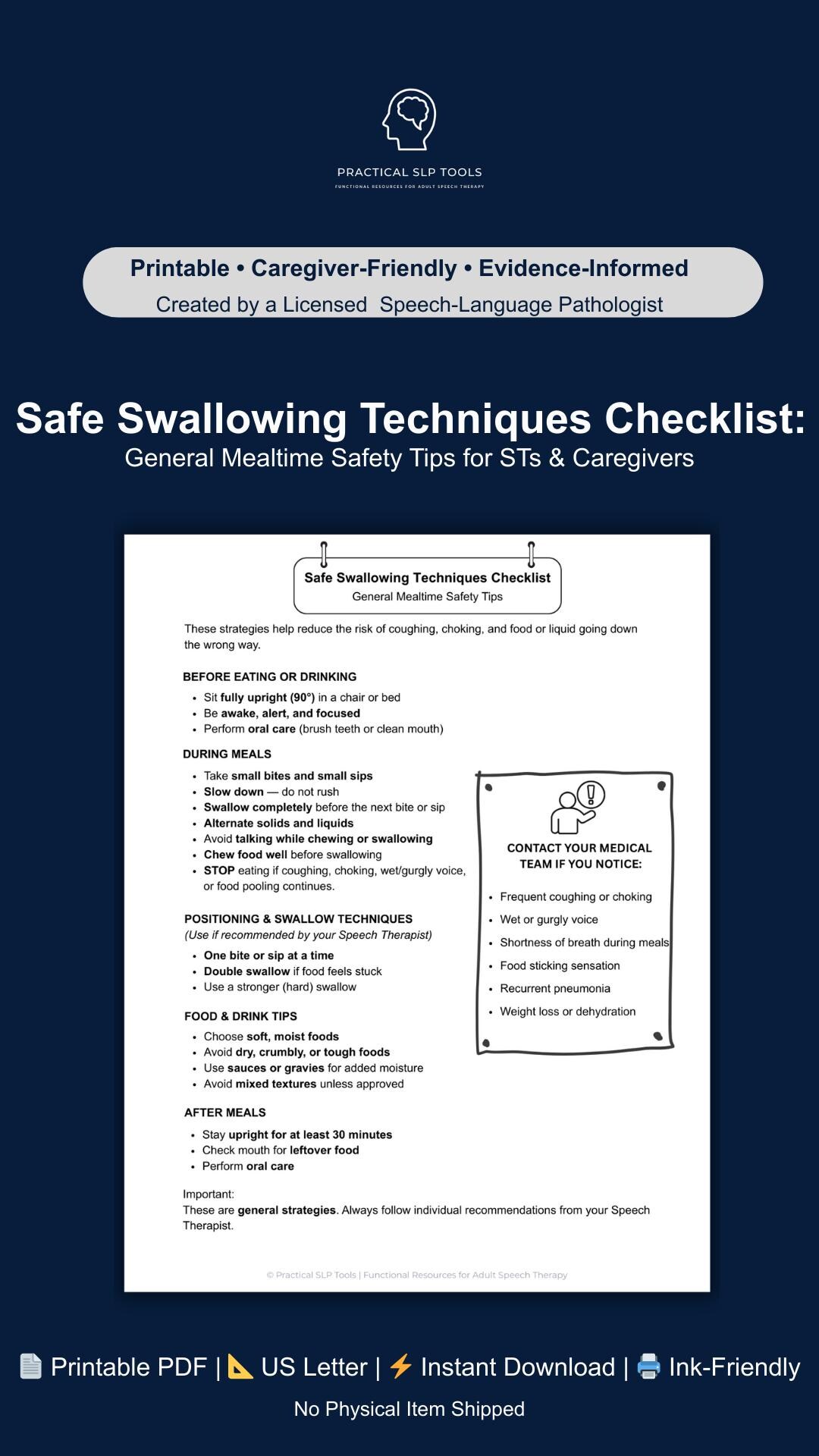 Safe Swallowing Techniques Checklist: General Mealtime Safety Tips - Etsy