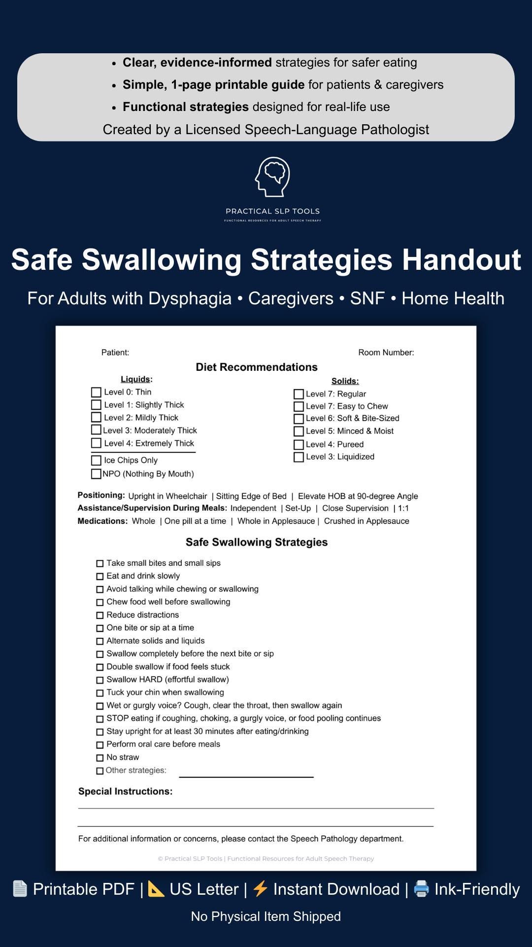 Safe Swallowing Strategies Handout | Dysphagia Printable PDF | SNF ...