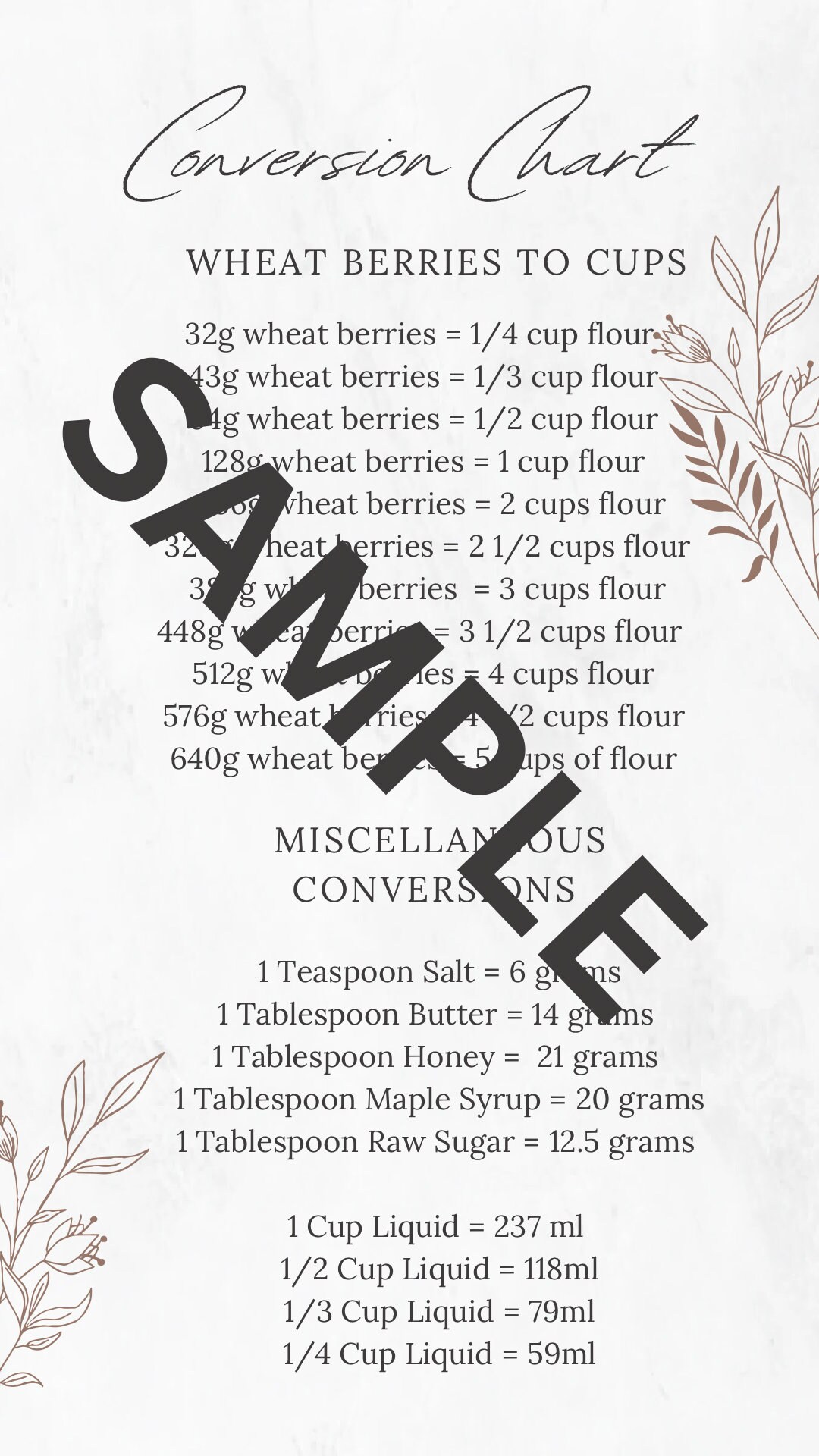Wheat Berries Conversion Chart - Etsy
