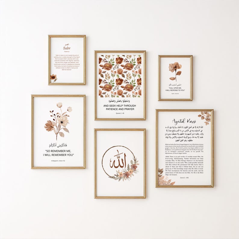 Islamic Wall Art Set of 6, Quran Verses, Floral Muslim Home Decor ...