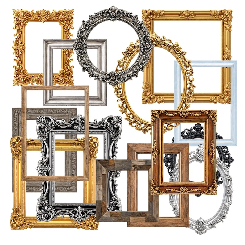 Ornate Gold, Silver, Wood Frames Clipart Bundle, Whimsical Gothic Skull ...