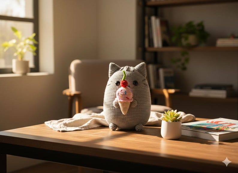 Cute Cat With Ice Cream Crochet Pattern PDF | Chubby Cat Amigurumi ...