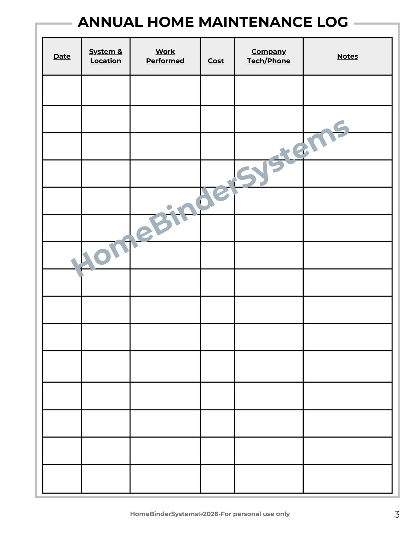 Home Maintenance Log Binder Printable Home Repair and Service Tracker ...