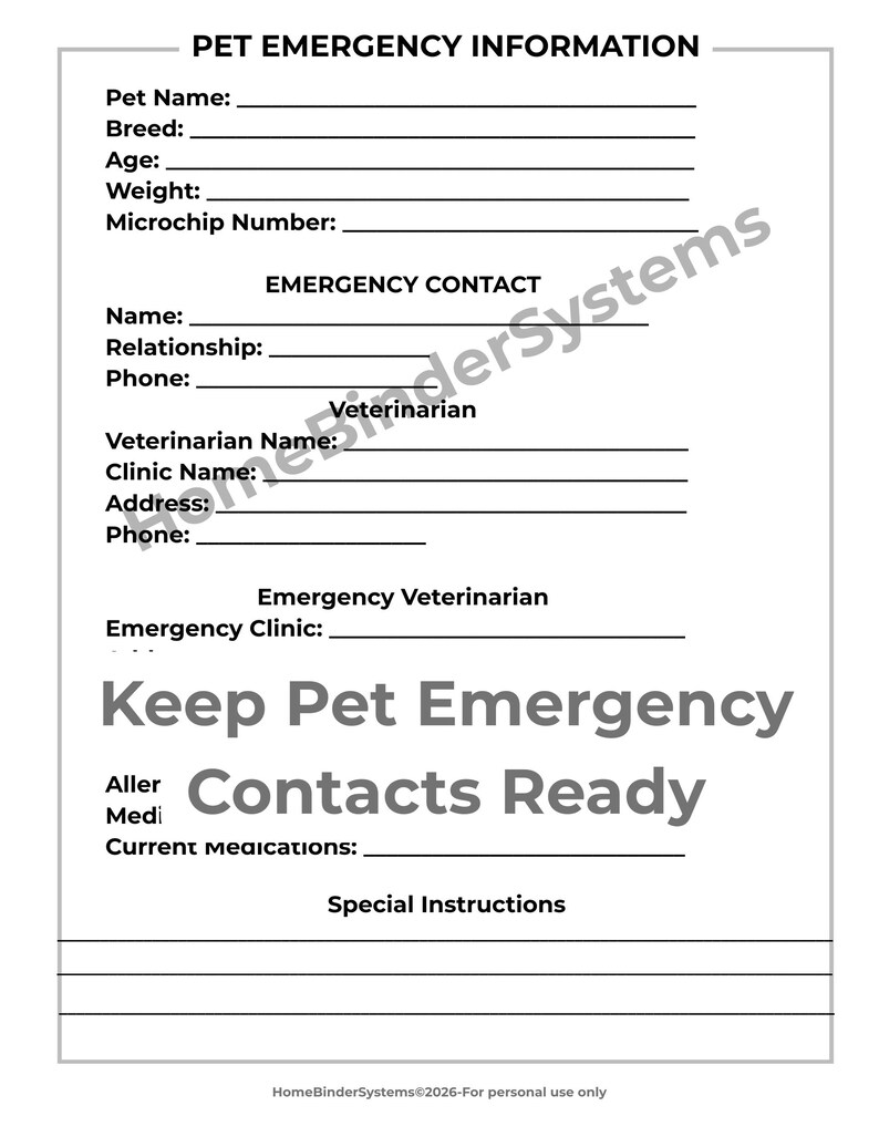 Pet Emergency Information Printable | Vet Contacts, Medical Record (PDF ...