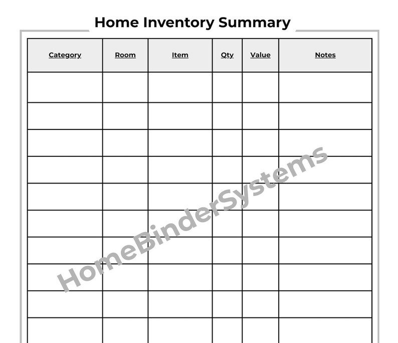 Home Inventory Summary Printable | Household Inventory Value Sheet ...