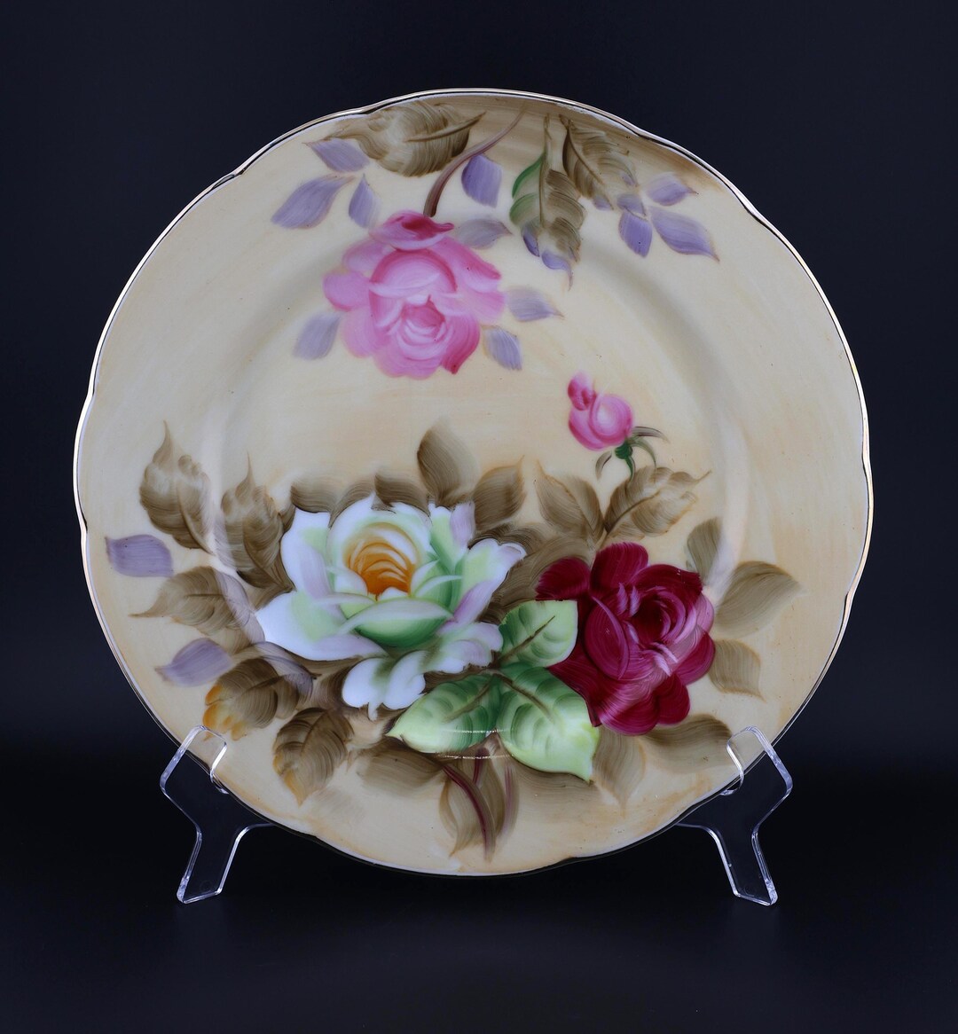 Vintage Lefton 9" Plate With Hand-painted Roses and Gold Scolloped Rim ...