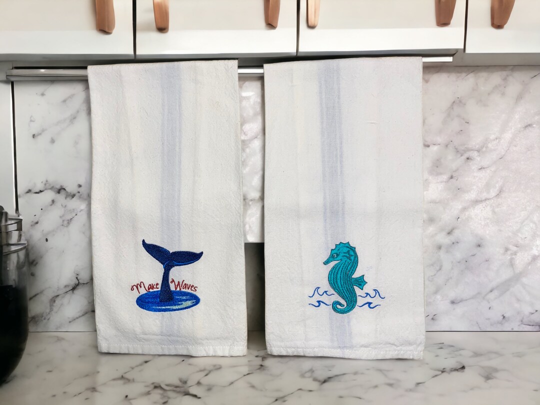 Embroidered Kitchen Towels, Seahorse and Whale Tail - Tea Towel, Linen ...