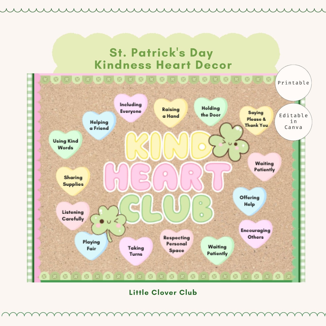 St Patrick's Day Kindness Heart Bulletin Boards Printable Kit L March ...