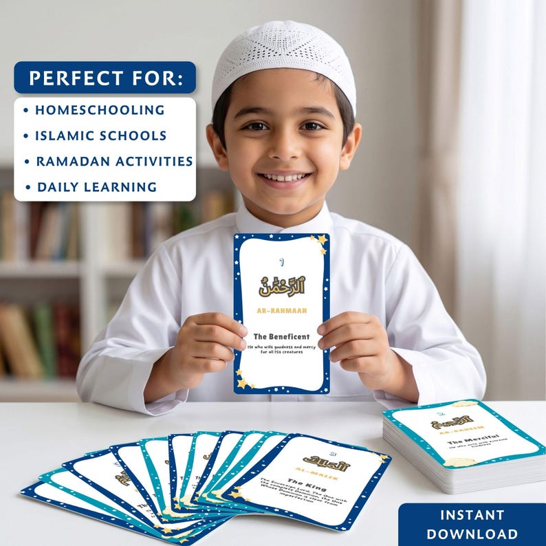 99 Names of Allah Flashcards for Kids Islamic Learning Cards Arabic ...