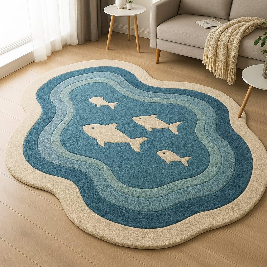 Hand Tufted Fish Shape Rug – Ocean Blue Kids Room Carpet – 100% Wool ...