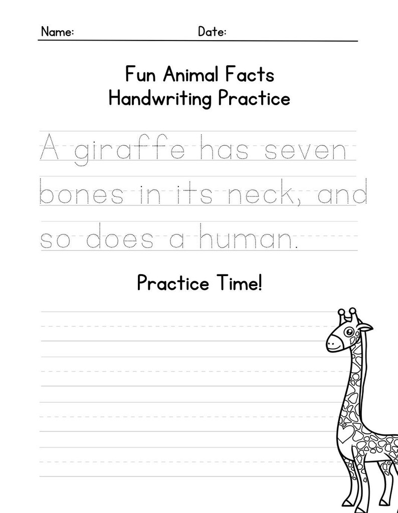 Animal Fun Facts Handwriting Practice Worksheets for Kids | Printable ...