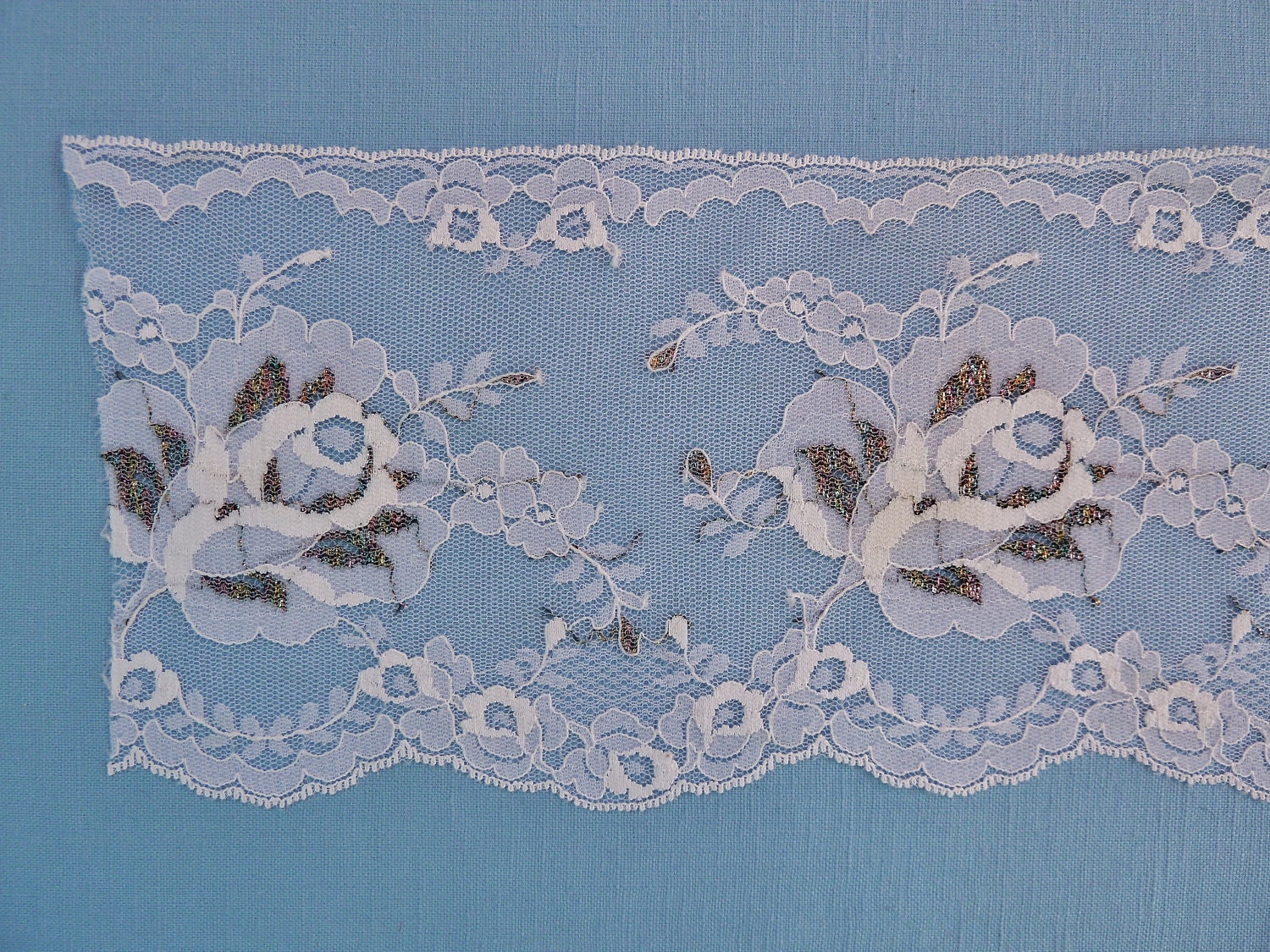 White Floral Lace With Metallic Rose Floral Pattern & Double Scallop ...