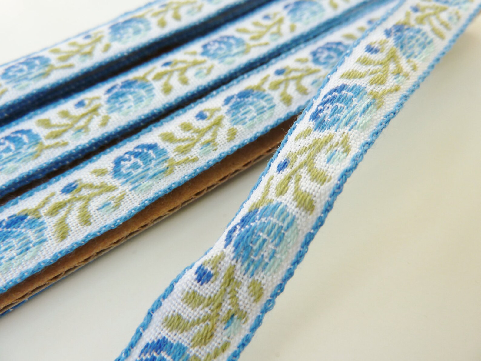 Blue & White Cotton Brocade Tape With Flower Pattern and Sage Green ...