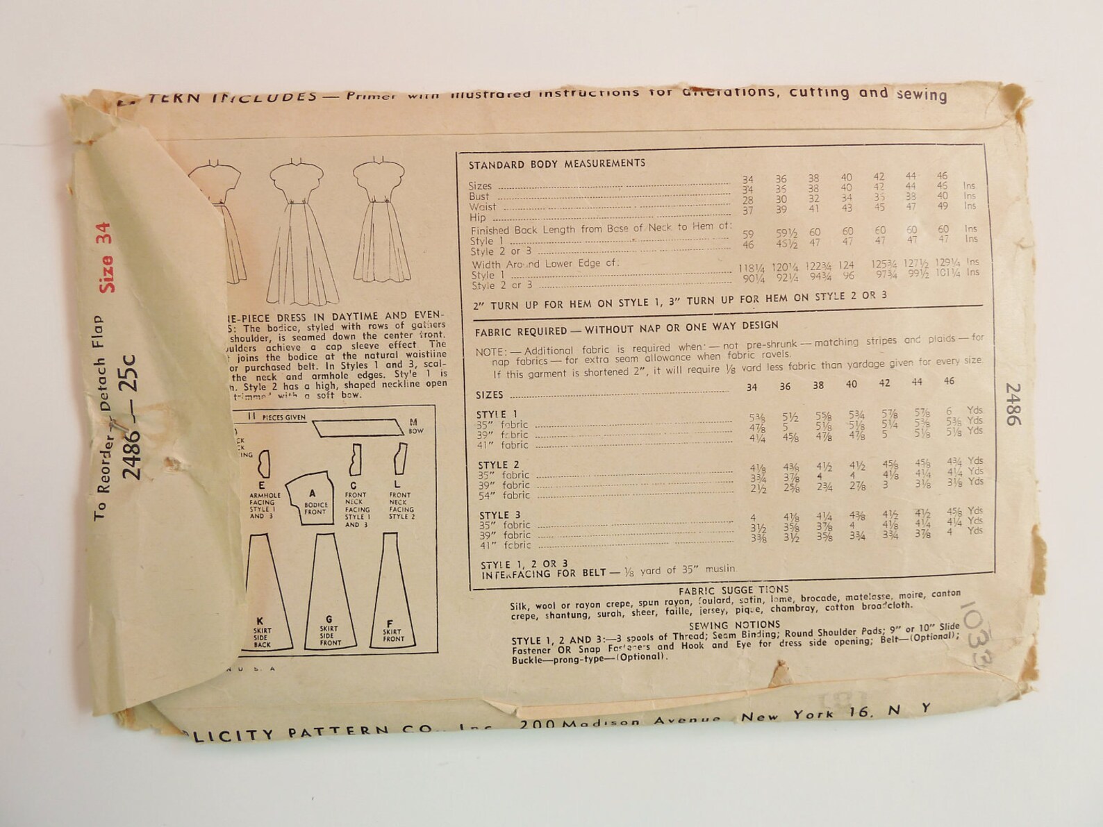 Simplicity Pattern 2486, 1940s Women's One Piece Dress, Size 16 ...