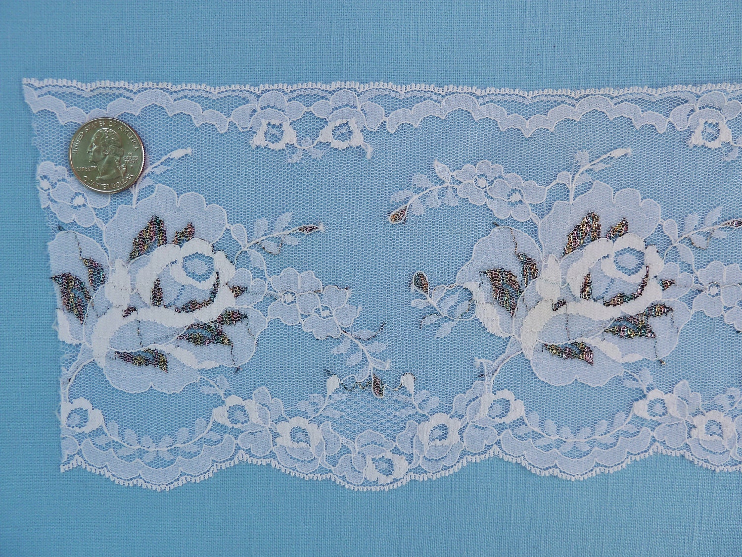 White Floral Lace With Metallic Rose Floral Pattern & Double Scallop ...